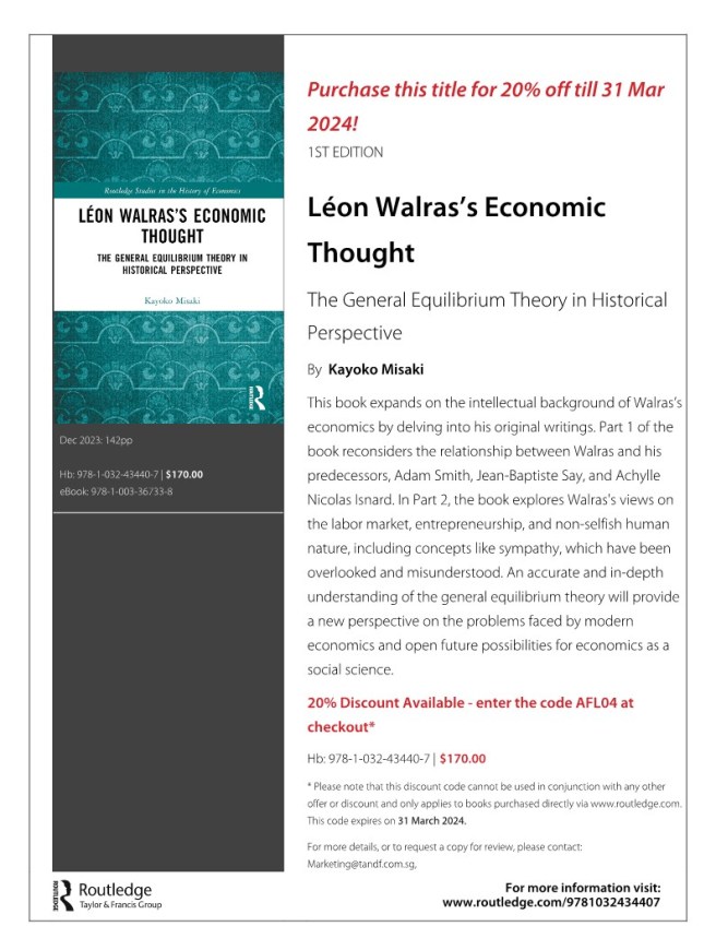 新刊書 Léon Walras’s Economic Thought のチラシができました – KAYOKO MISAKI